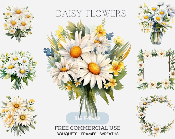 Watercolor Daisy Clipart: Floral Bouquet Images (JPG, Commercial Use ...