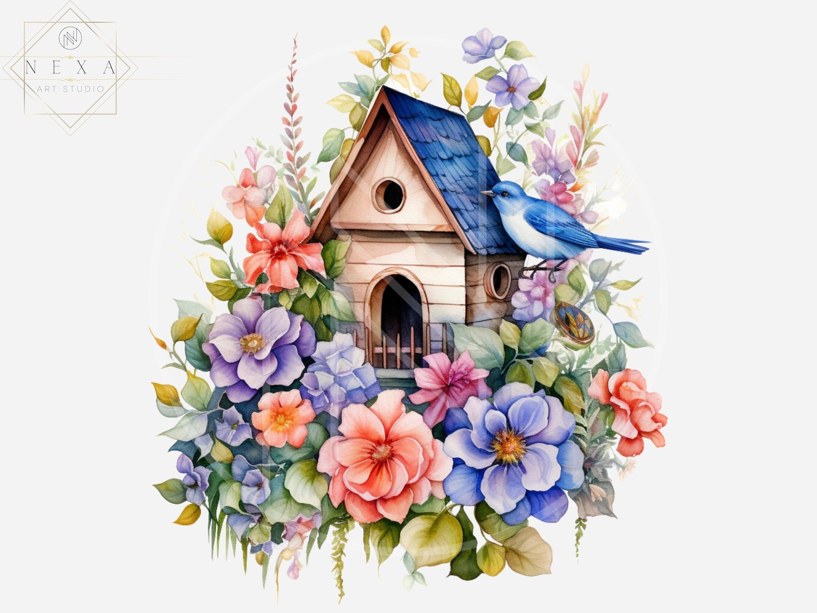 Watercolor Bird Houses Clipart, Springtime Cute Birdhouses and Blossoms ...