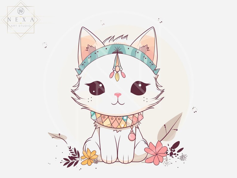 Boho Cats Clipart Cute Kitten Clip Art, Boho Cat Clipart, Boho Clipart ...