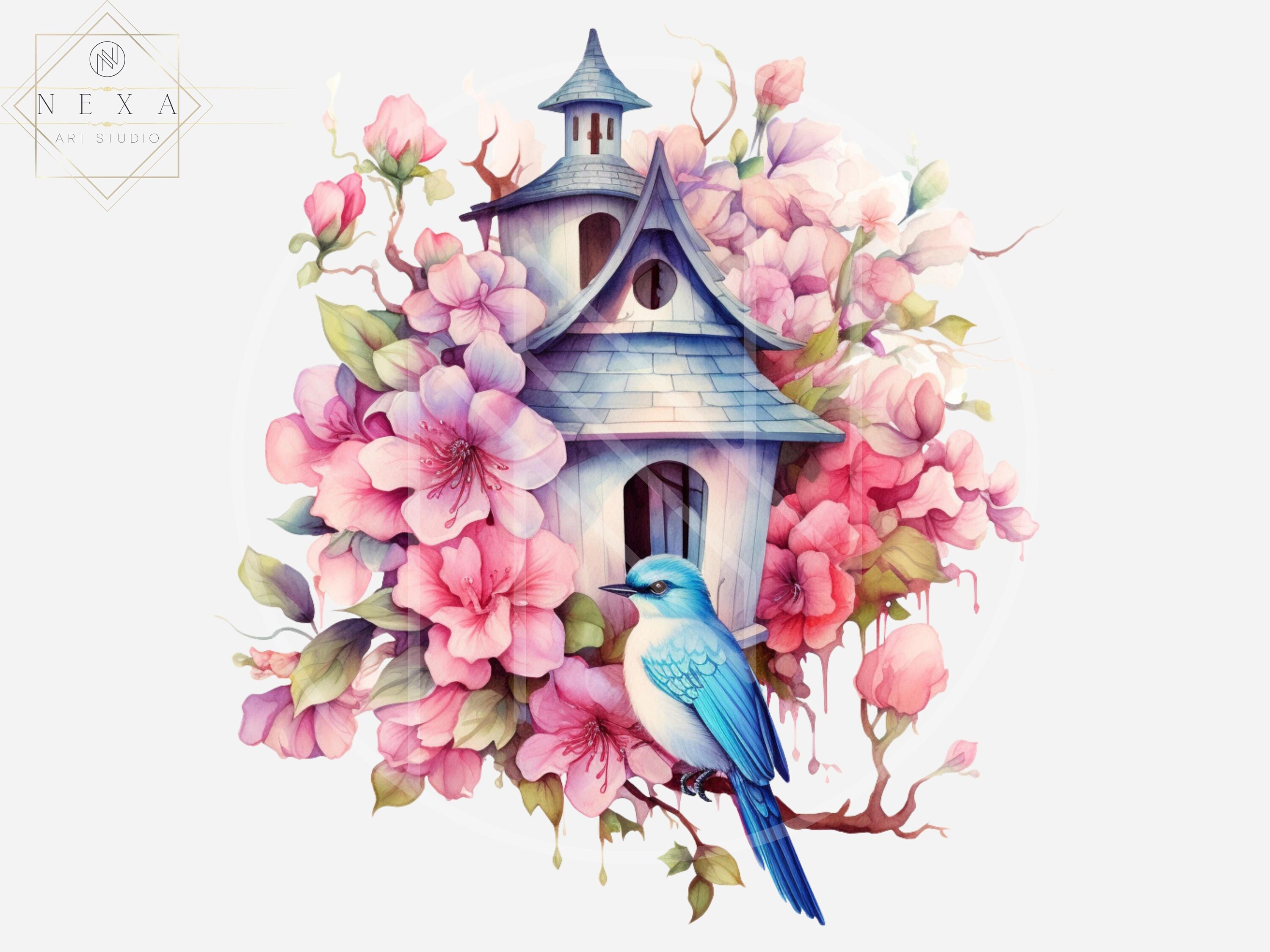 Watercolor Bird Houses Clipart, Springtime Cute Birdhouses and Blossoms ...