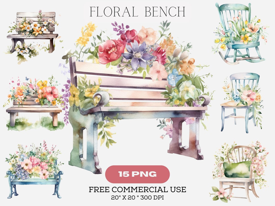 Spring Benches Clipart, Cottage Clip Art, PNG, Digital Watercolor, Free ...
