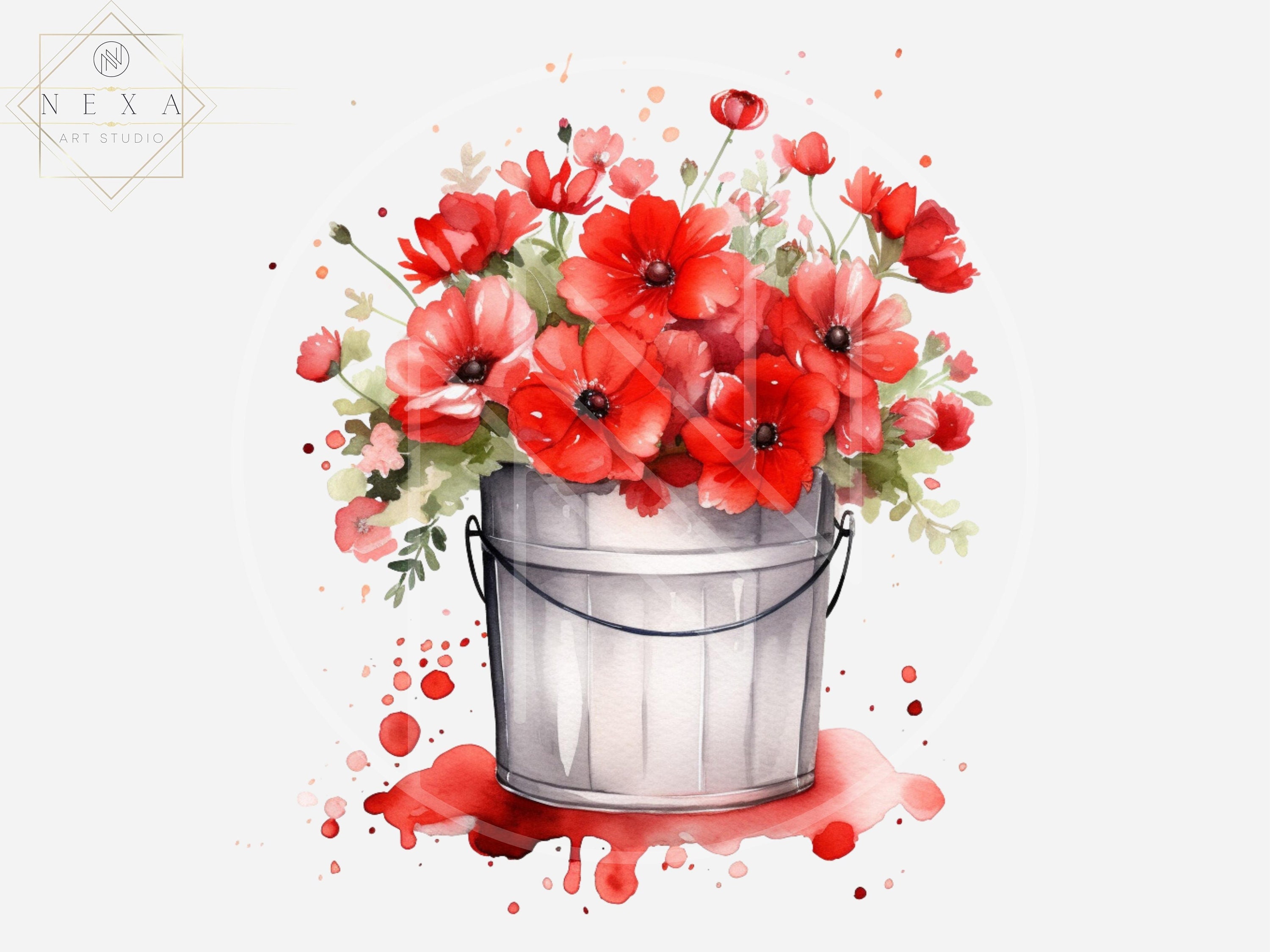 Watercolor Flower Bucket Clipart Floral Wildflower Digital - Etsy