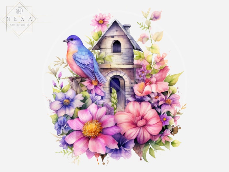 Watercolor Bird Houses Clipart, Springtime Cute Birdhouses and Blossoms ...