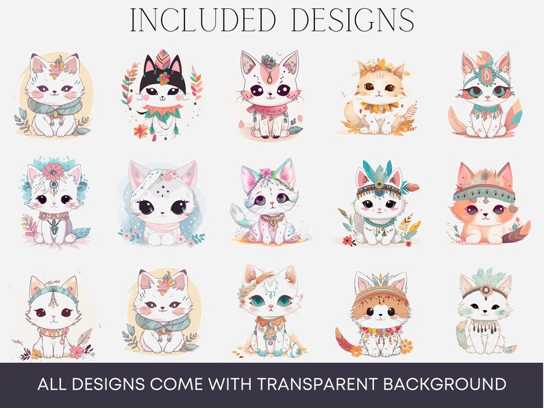 Boho Cats Clipart Cute Kitten Clip Art, Boho Cat Clipart, Boho Clipart ...