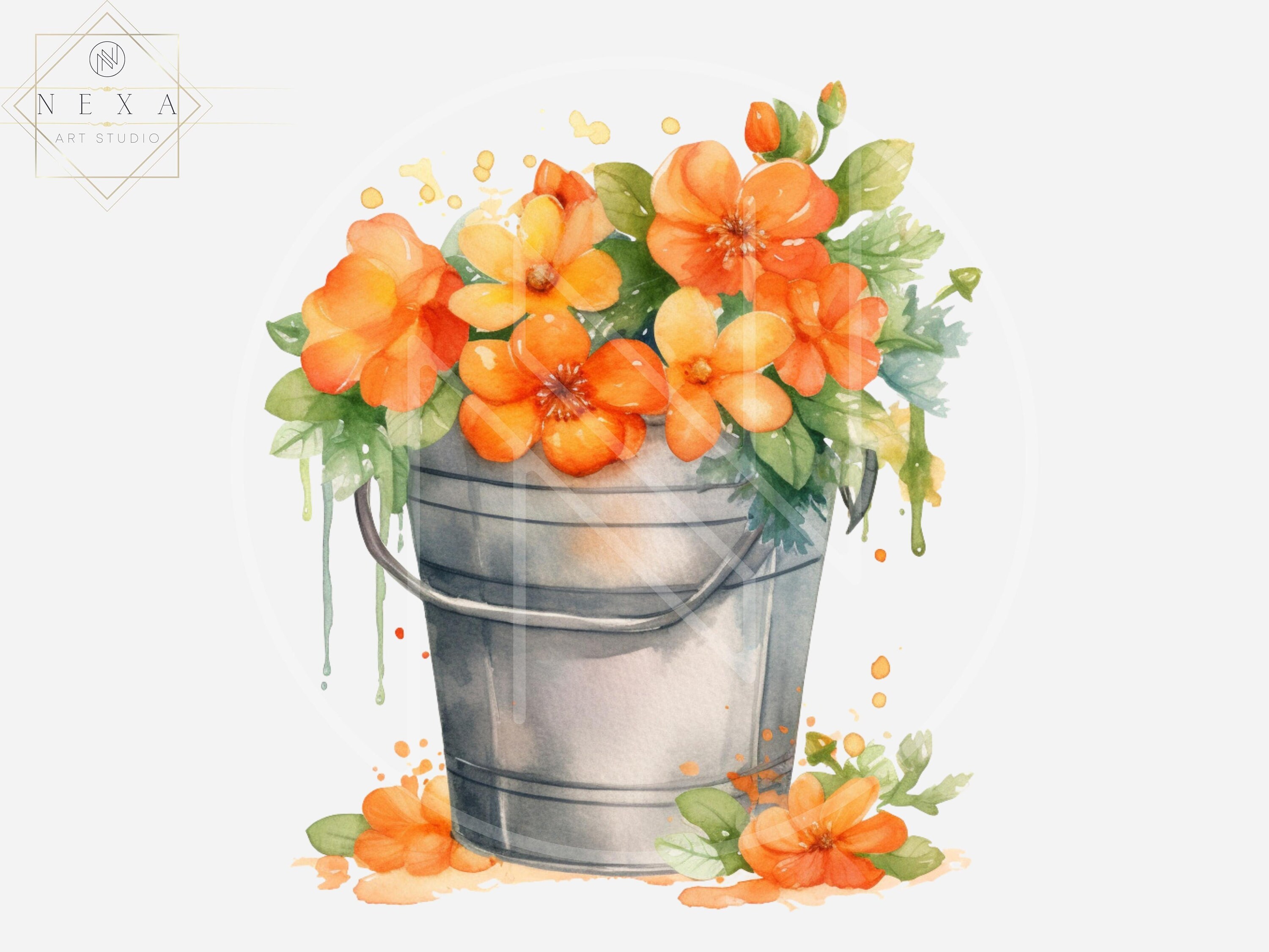 Watercolor Flower Bucket Clipart Floral Wildflower Digital - Etsy