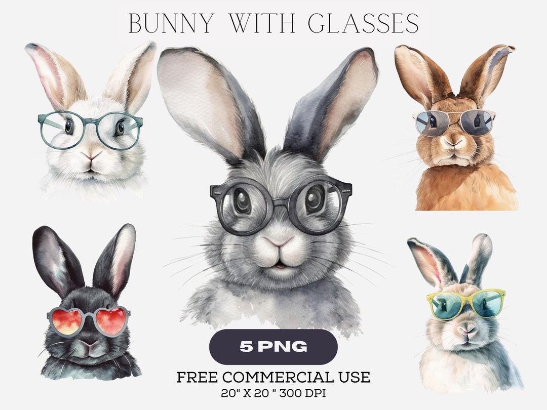 Watercolor Cute Bunny With Glasses Art for Paper Crafting, Digital ...
