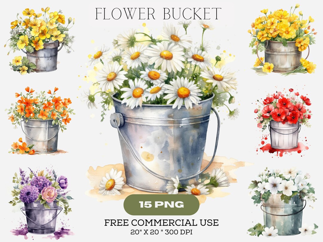 Watercolor Flower Bucket Clipart Floral Wildflower Digital Illustration ...