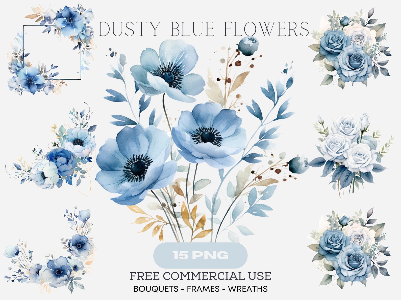 Dusty Blue Flowers Clipart, Blue Flowers PNG, Watercolor Floral Clipart ...