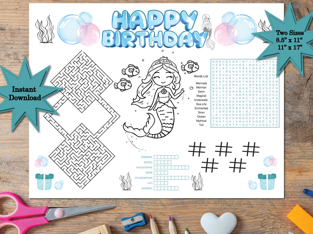 Mermaid Birthday Placemat / Coloring Activity Sheet for Kids- Instant ...