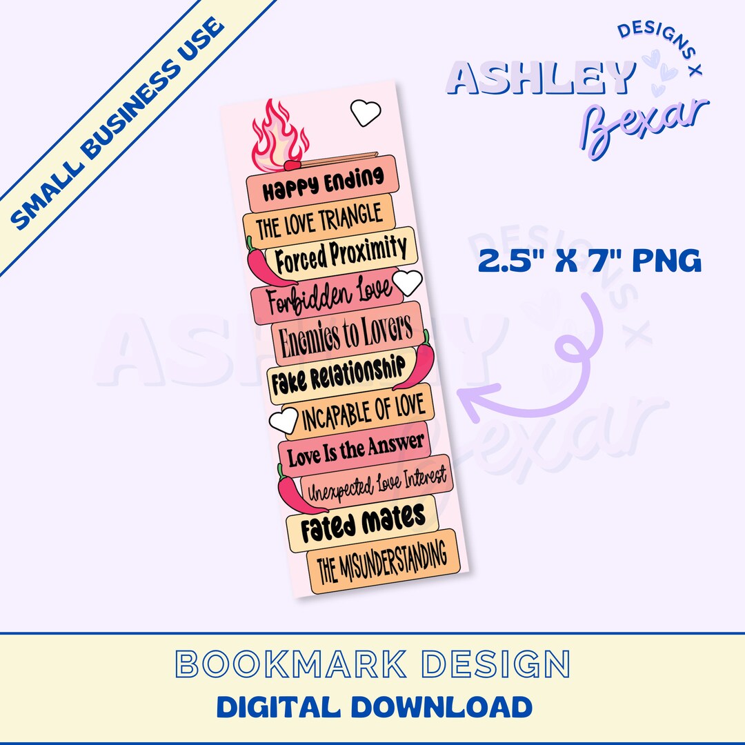 Romance Tropes Bookmark PNG, Sublimation Design, Cute PNG, Book Lover ...