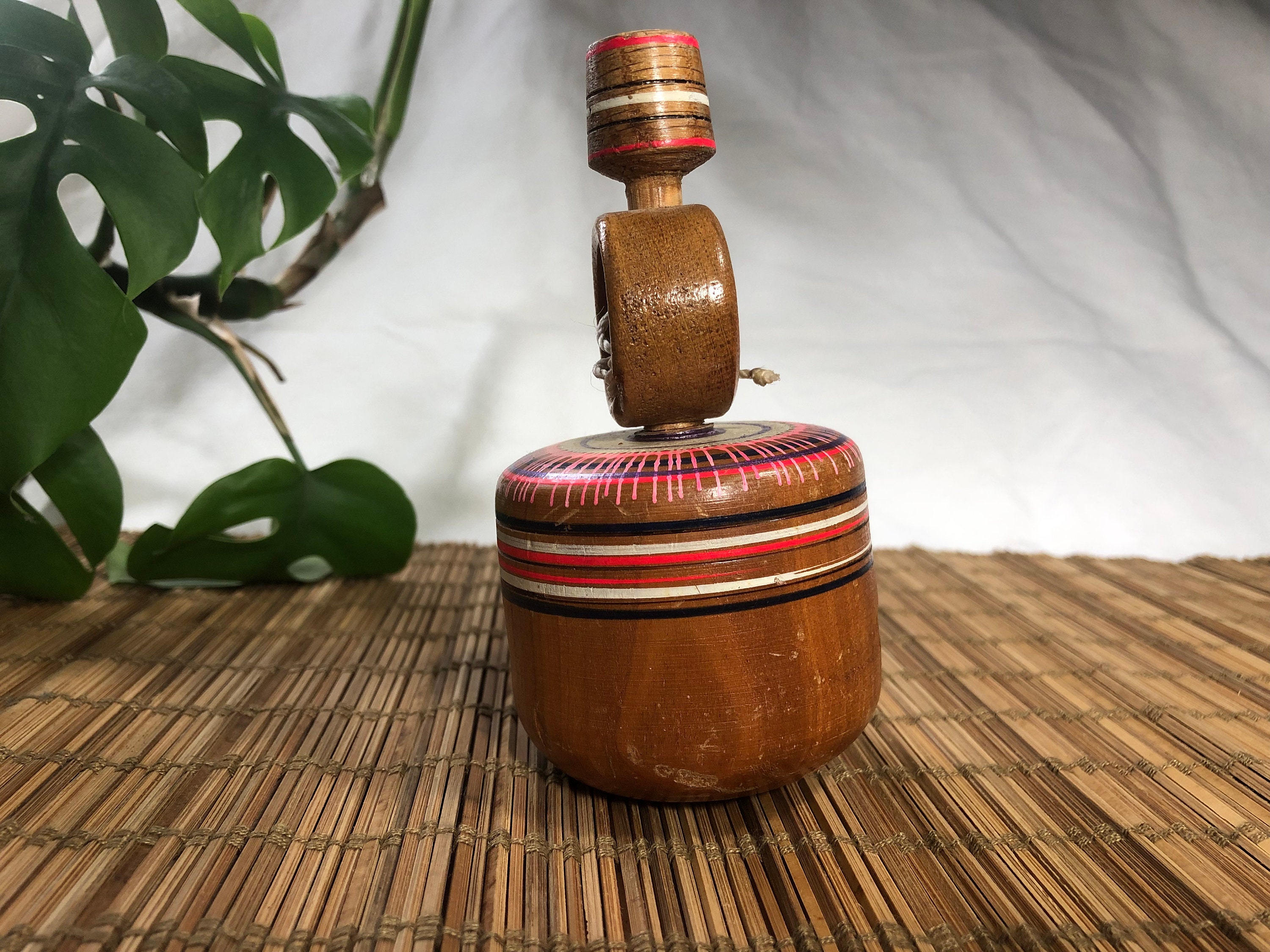 Vintage Spinning Top Wooden Toy String Colorful Pink Purple White Black ...