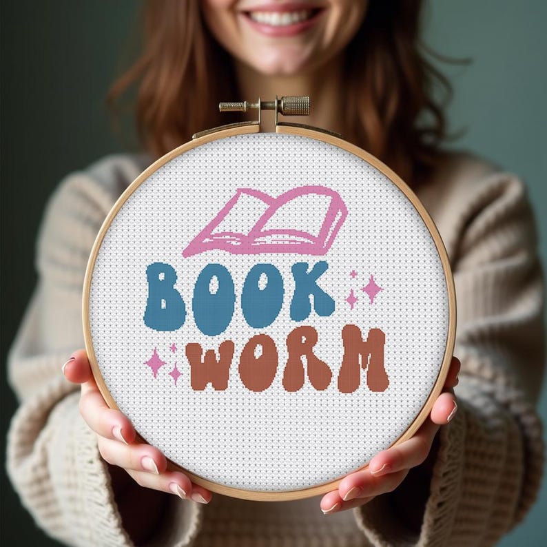 Book Worm Cross Stitch Pattern PDF, Reading Cross Stitch, Booklover ...