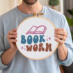 Book Worm Cross Stitch Pattern PDF, Reading Cross Stitch, Booklover ...