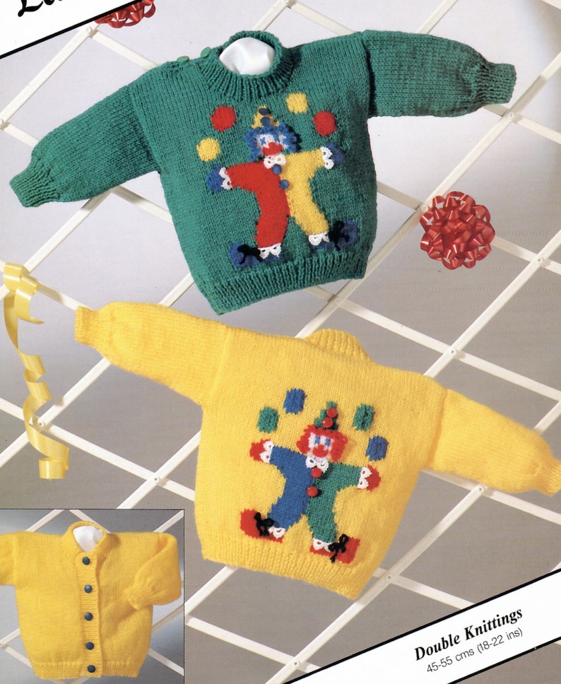 Children Clown Motif Sweater and Cardigan DK Vintage Knitting Pattern ...