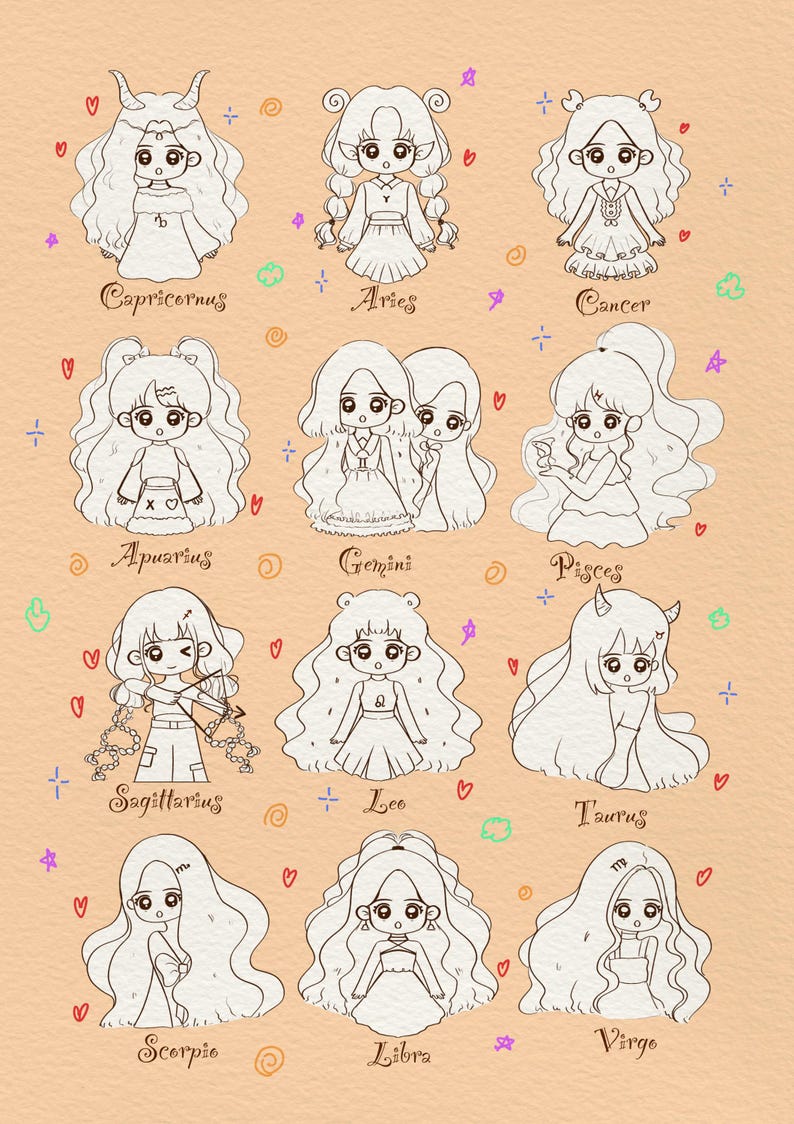 12 Cute Chibi Zodiac Signs Digital Stickers Kawaii Zodiac Signs Notes ...
