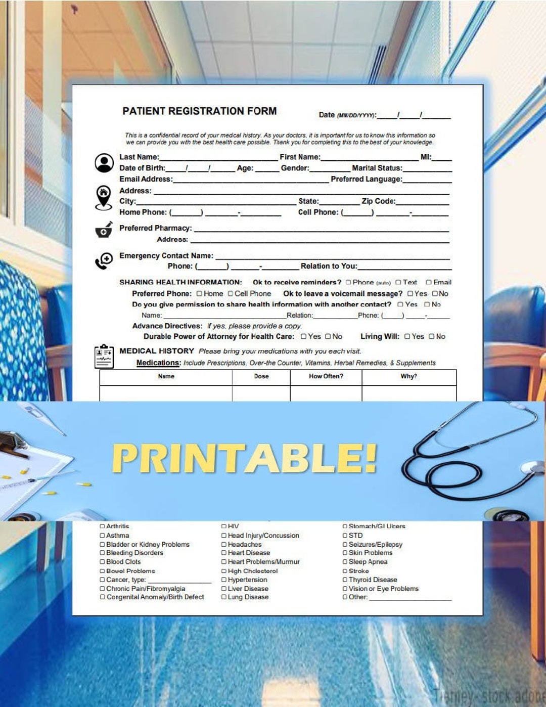 Patient Registration Form - Medical History, Family History, Etc - Etsy