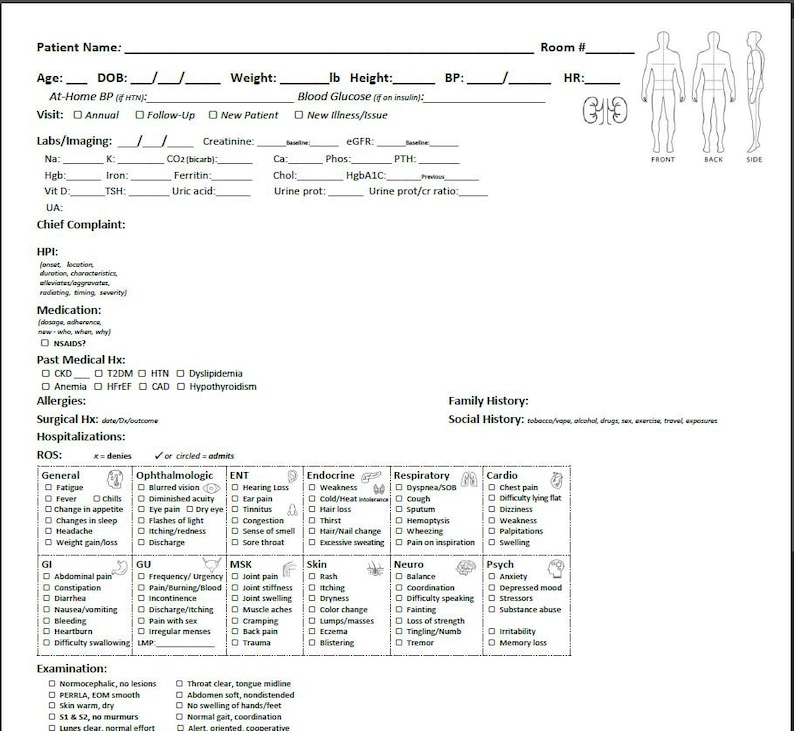 History & Physical Exam Nephrology Template - Printable and Editable ...