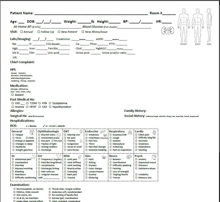 History & Physical Exam Nephrology Template - Printable and Editable ...