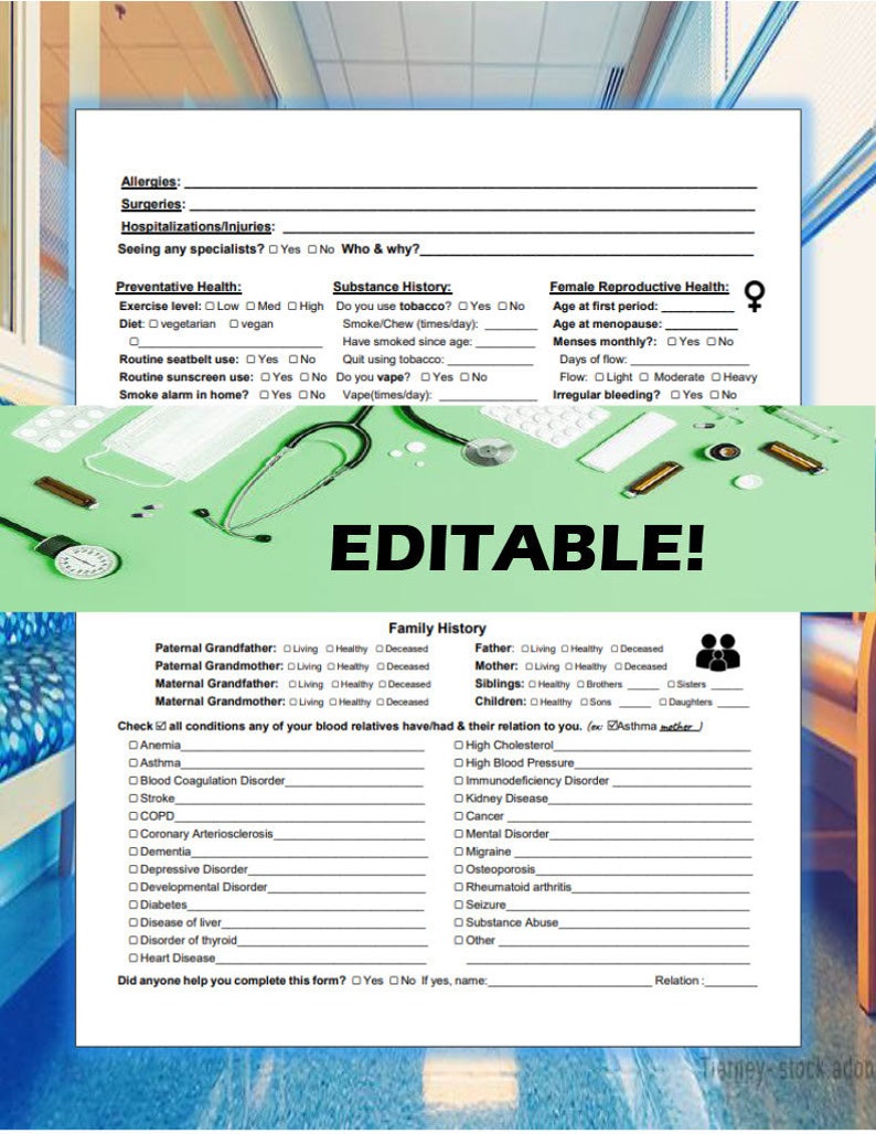 Patient Registration Form EDITABLE - Medical History, Family History ...