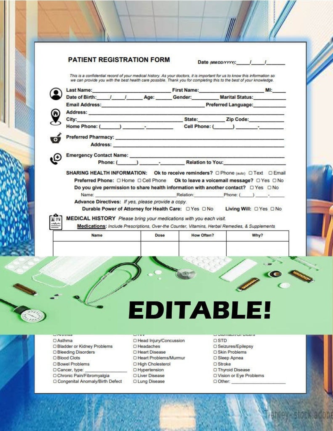 Patient Registration Form EDITABLE - Medical History, Family History ...