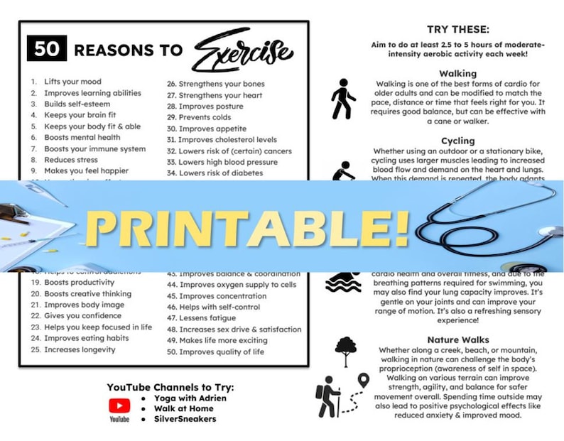 50 Reasons to Exercise & Types to Try - Patient Handout - Etsy