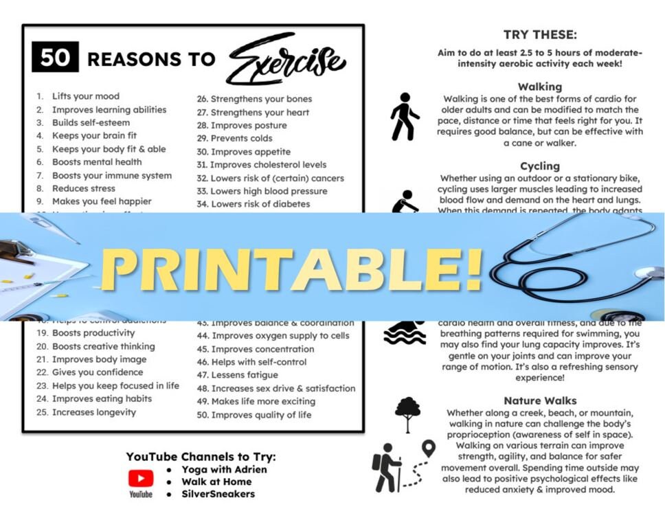50 Reasons to Exercise & Types to Try - Patient Handout - Etsy