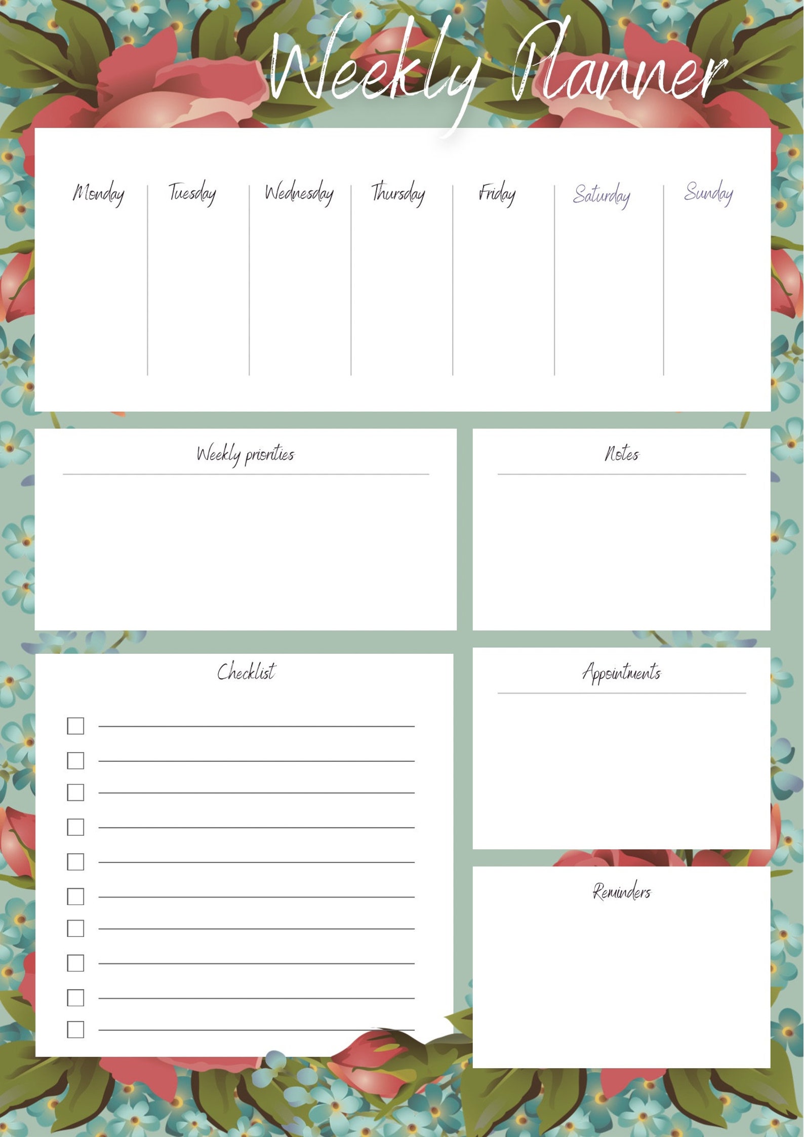 Floral Rose Printable PDF Weekly Planner A4/A5 Instant Download - Etsy