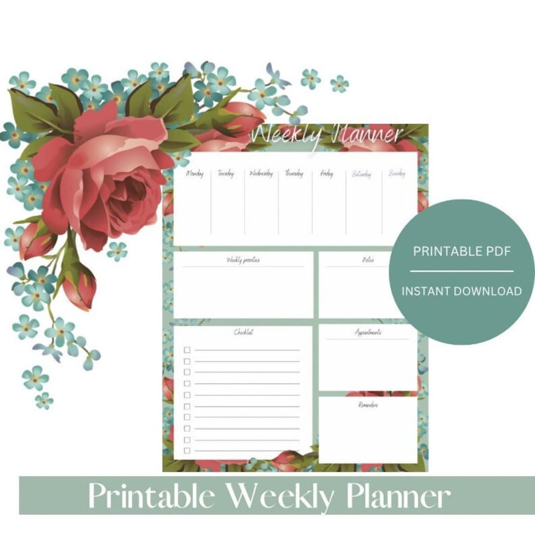 Floral Rose Printable PDF Weekly Planner A4/A5 Instant Download - Etsy