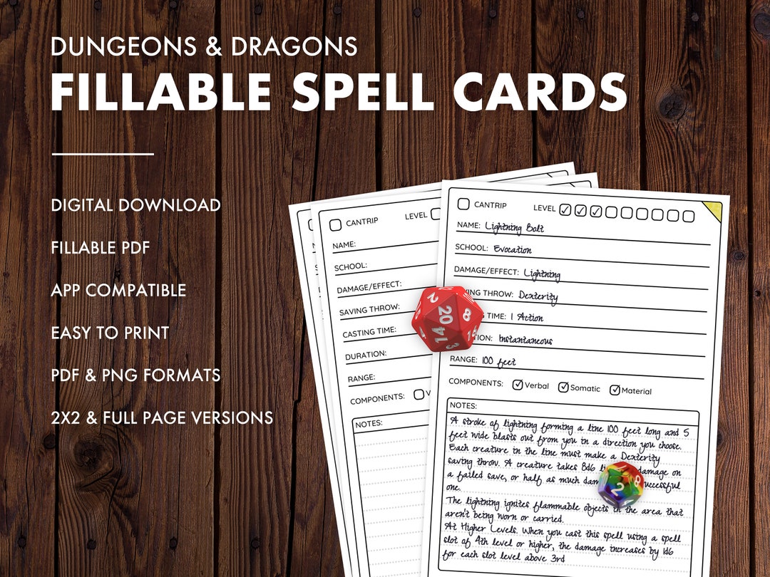 Spell Cards Dnd 5e Printable / Fillable PDF Spell Card Template Digital ...