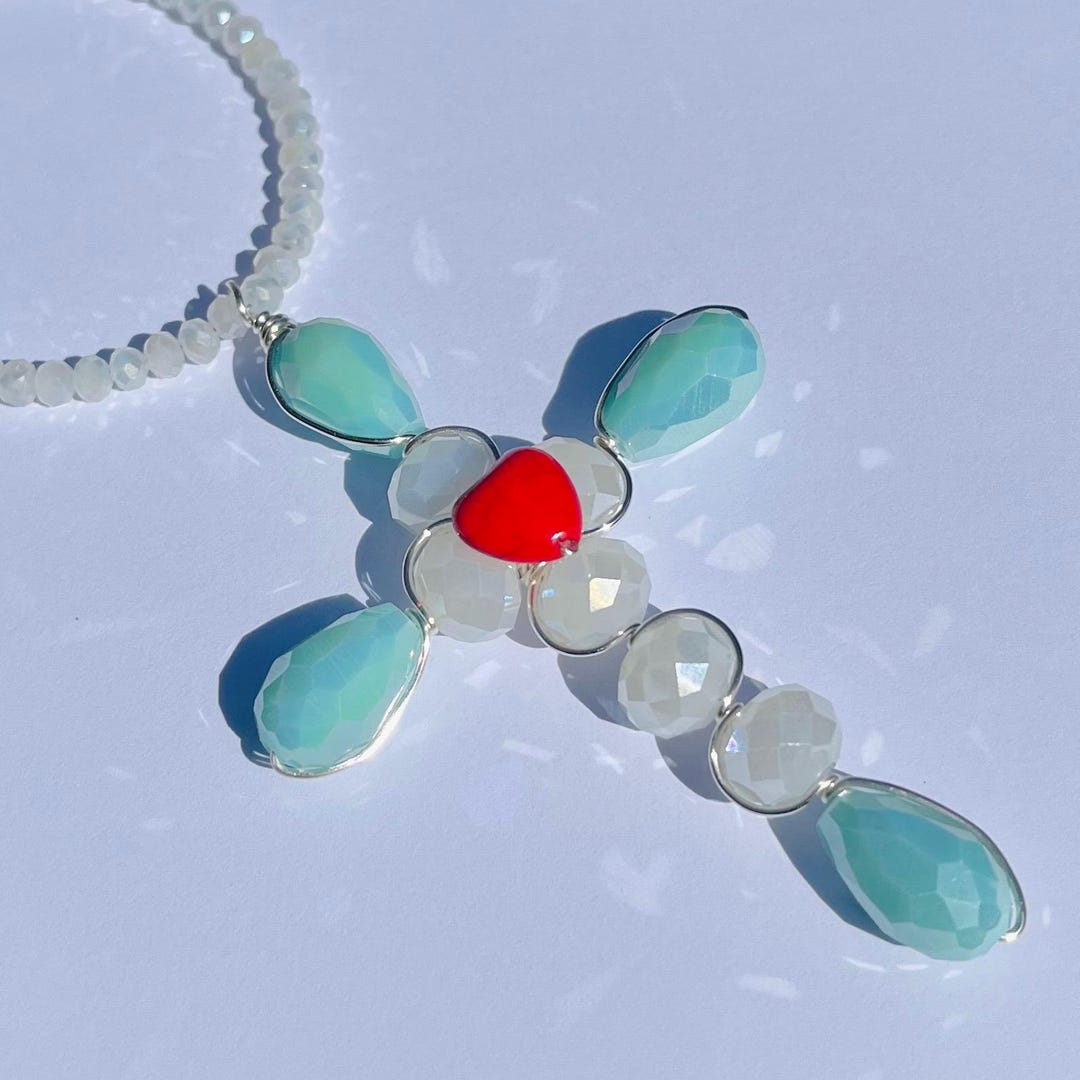 Sacred Heart Cross for Rear View Mirror, Crystal Cross for Car, Beaded ...