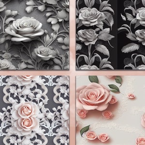 Floral Pink Digital Paper Pack Rose Seamless Pattern White Flower ...