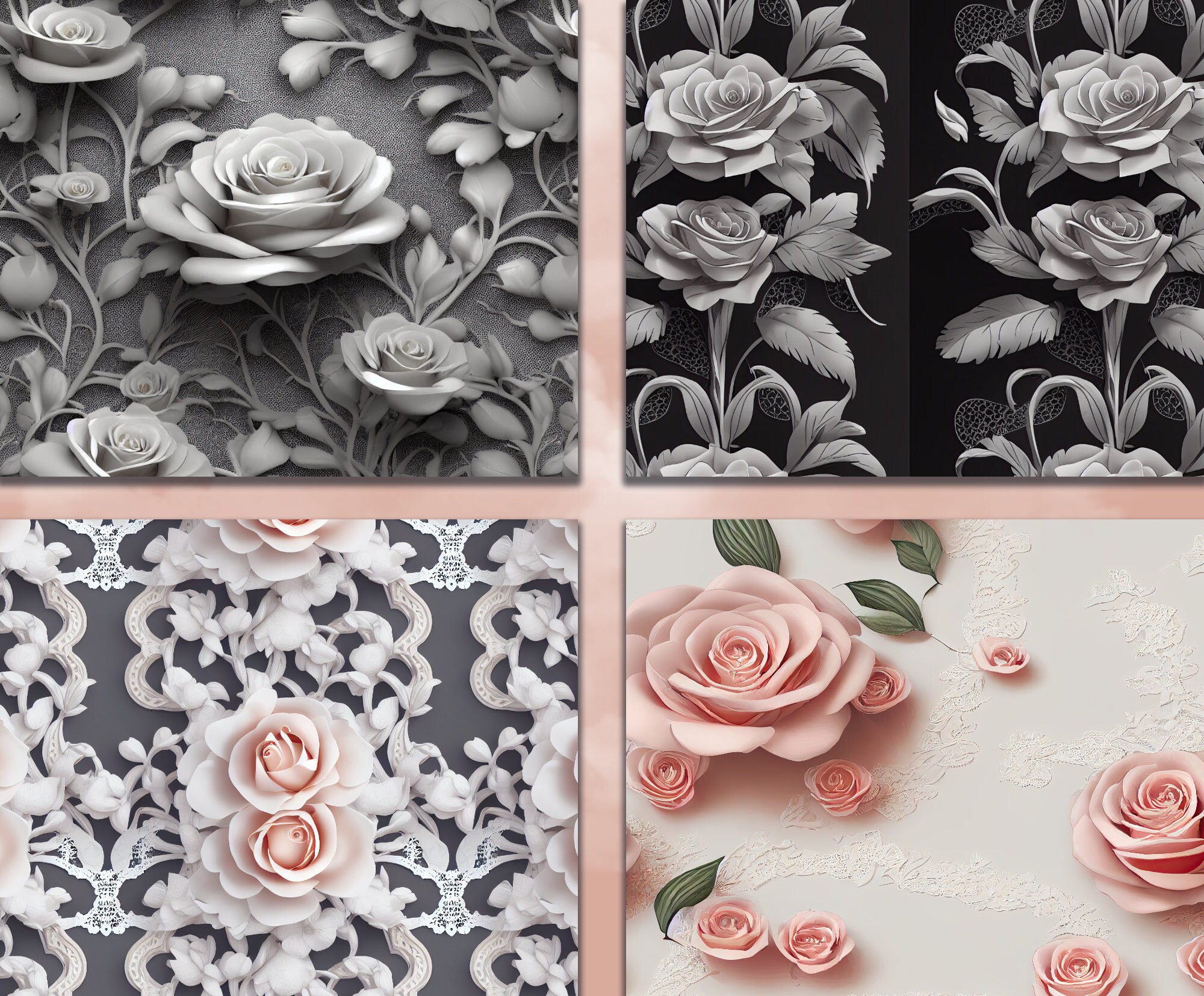 Floral Pink Digital Paper Pack Rose Seamless Pattern White Flower ...