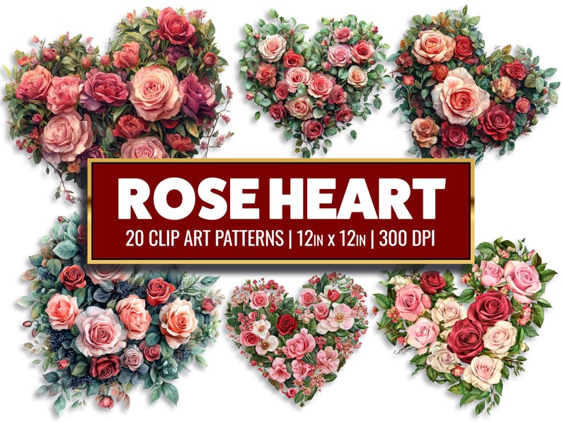 Rose Heart Clip Art Valentine Clipart Flower Heart Digital Paper Herat ...