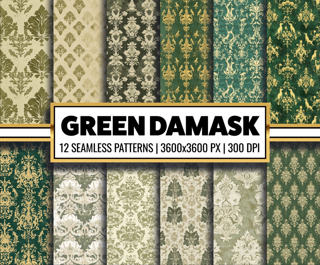 Green Damask Digital Paper Distressed Green Wallpaper Green Grunge ...