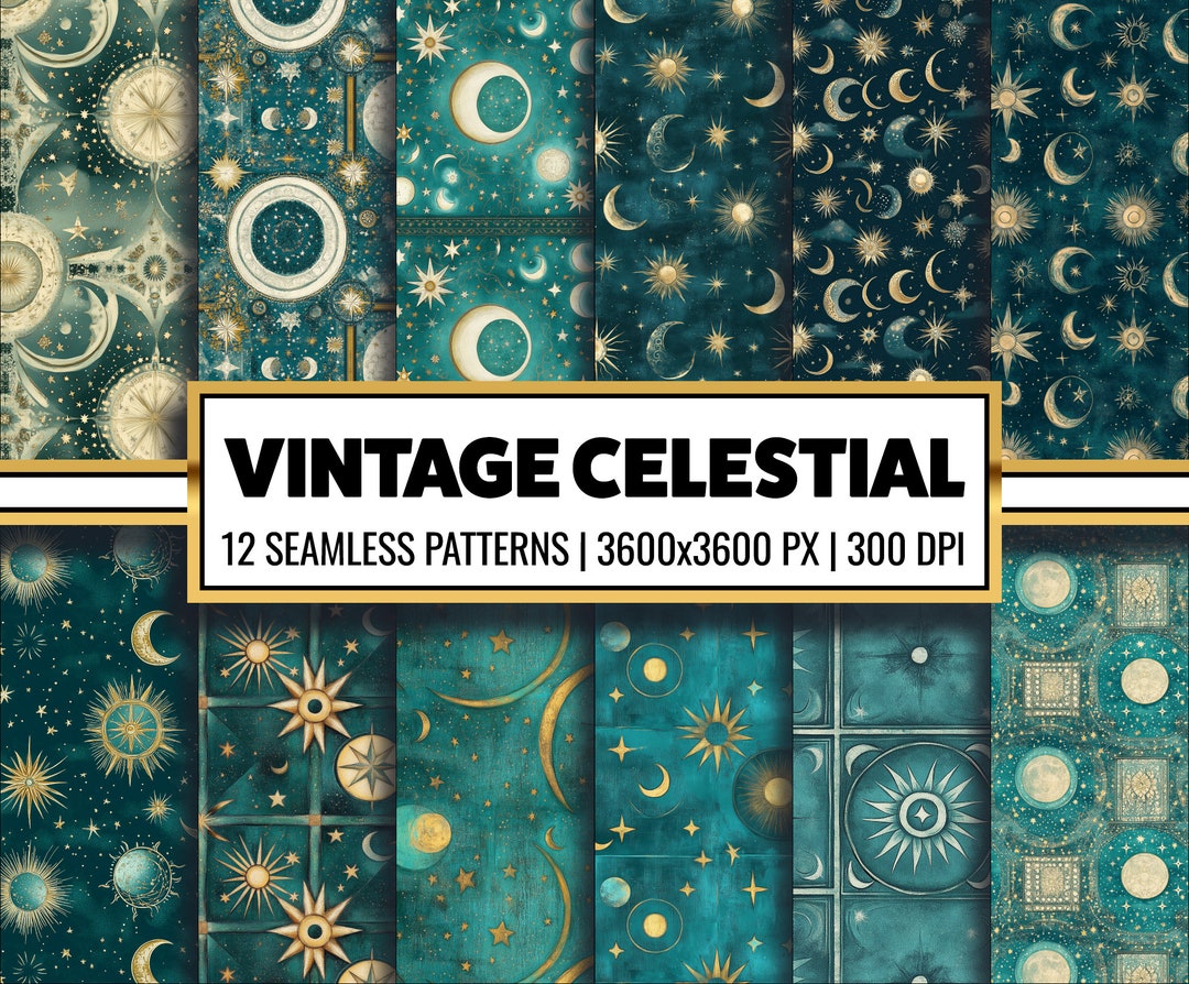 Vintage Celestial Digital Paper: Gold Moon & Zodiac Patterns (digital ...