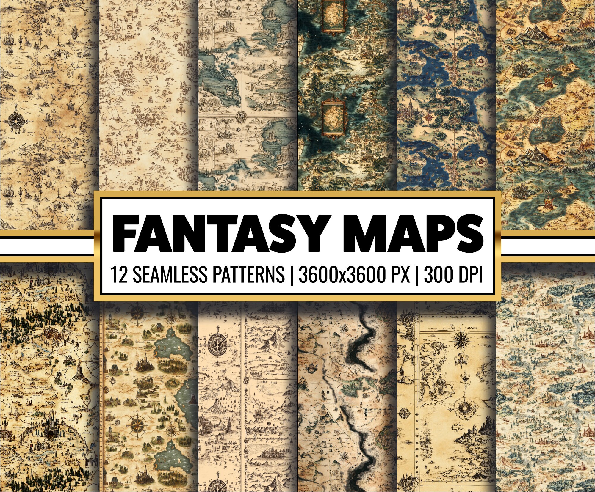 Vintage Fantasy Map Digital Paper Antique Map Seamless Pattern World ...