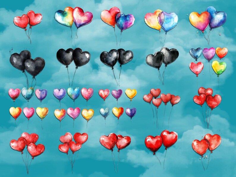 Heart Balloon Clip Art Valentin Balloon Printable PNG Watercolor Heart ...