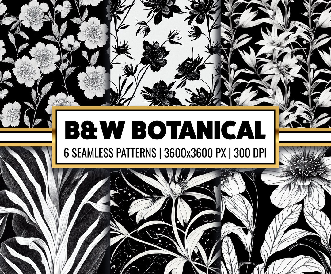 Black and White Digital Paper Floral Seamless Pattern Wild Flower ...