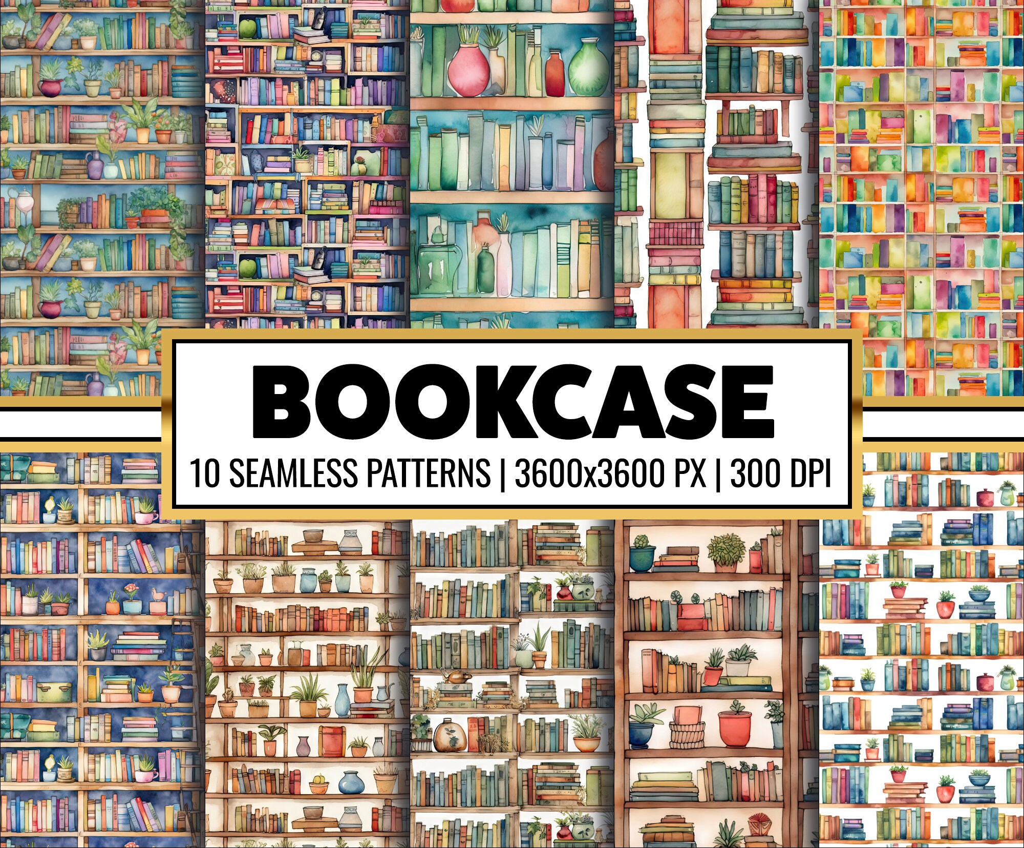 Watercolor Bookcase Digital Paper Pack Reading Library Pack of Seamless ...