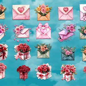 Romantic Envelope Clip Art Valentine's Letter Digital Paper Rose Gift ...
