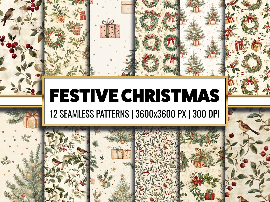 Festive Christmas Seamless Pattern: Xmas Holiday Digital Paper (12x12 ...