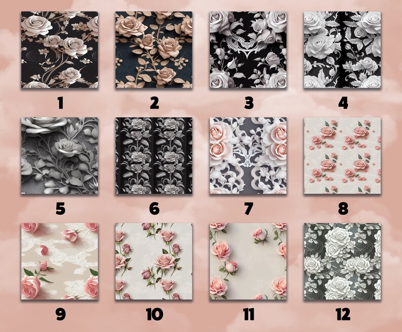 Floral Pink Digital Paper Pack Rose Seamless Pattern White Flower ...