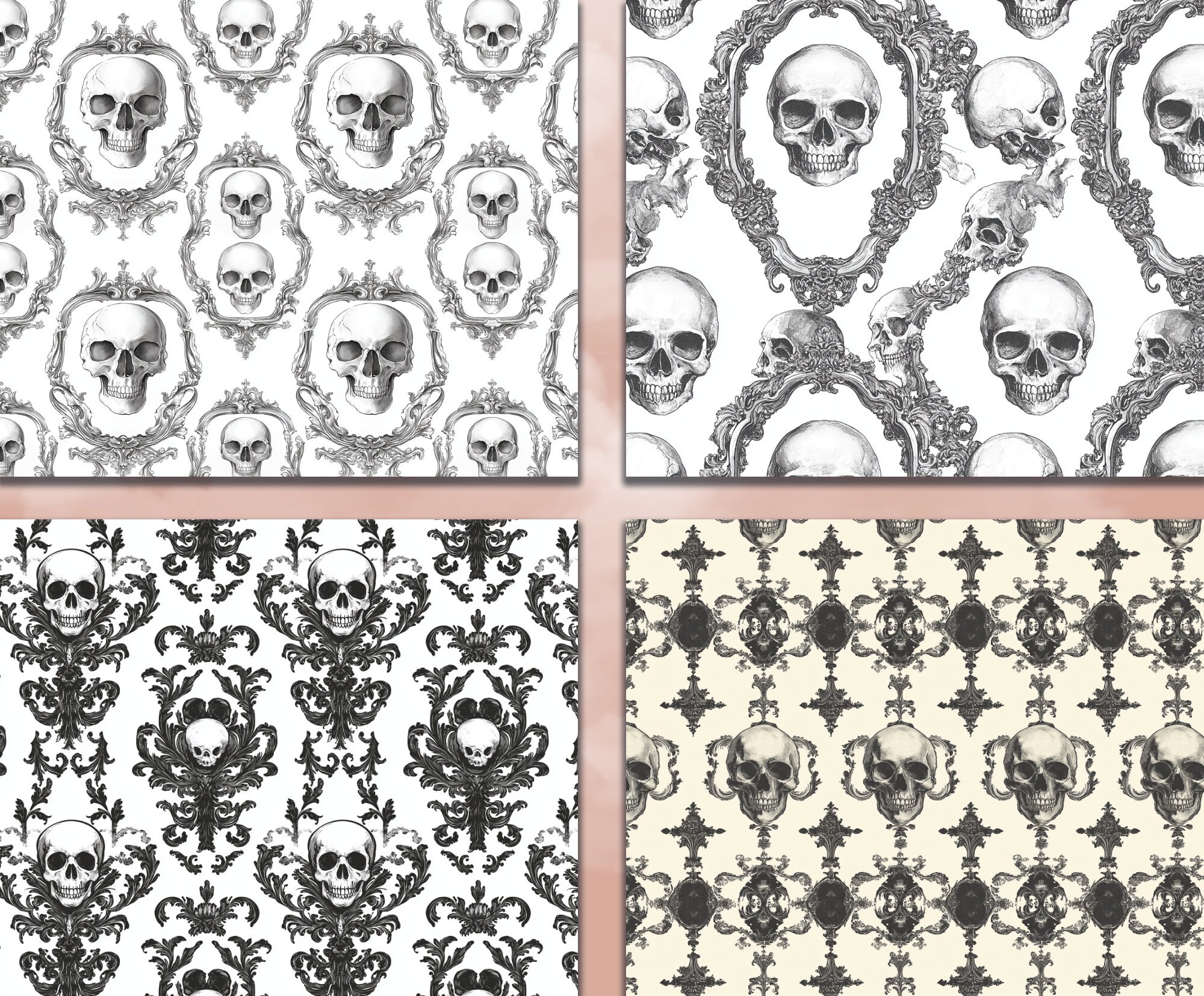 Gothic Skull Digital Paper: Black and White Damask Patterns (PNG) - Etsy