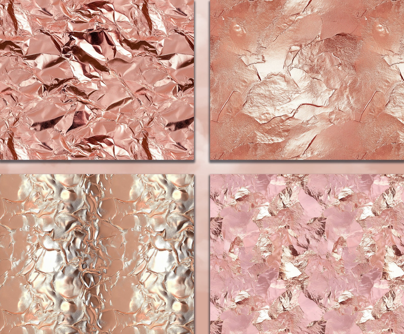 Rose Gold Digital Paper: Metallic Blush Pink Seamless Patterns (PNG ...