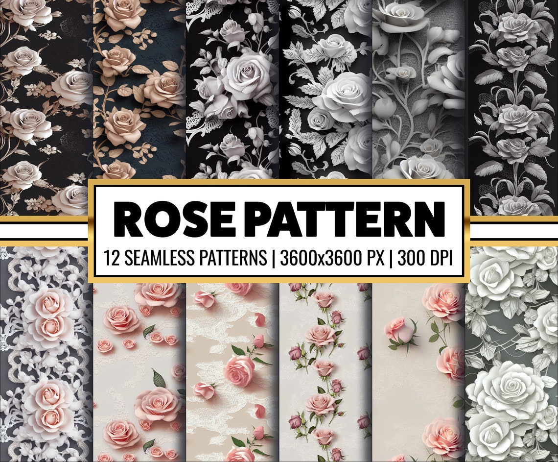Floral Pink Digital Paper Pack Rose Seamless Pattern White Flower ...