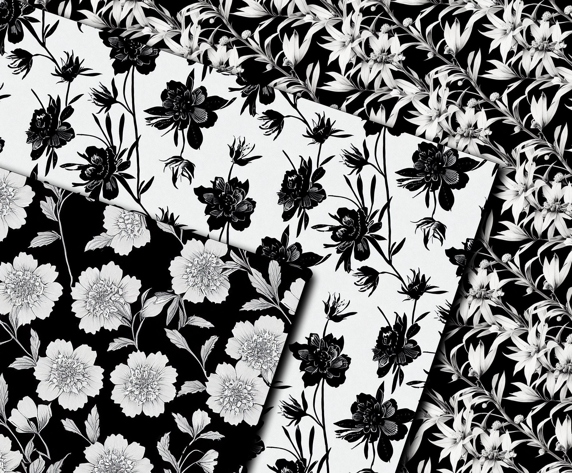 Black and White Digital Paper Floral Seamless Pattern Wild Flower ...