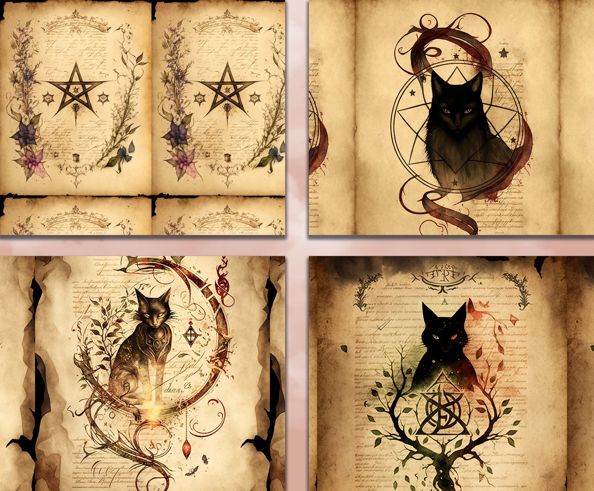 Vintage Wicca Digital Paper Witch Journal Paper Pattern Dark Ephemera ...