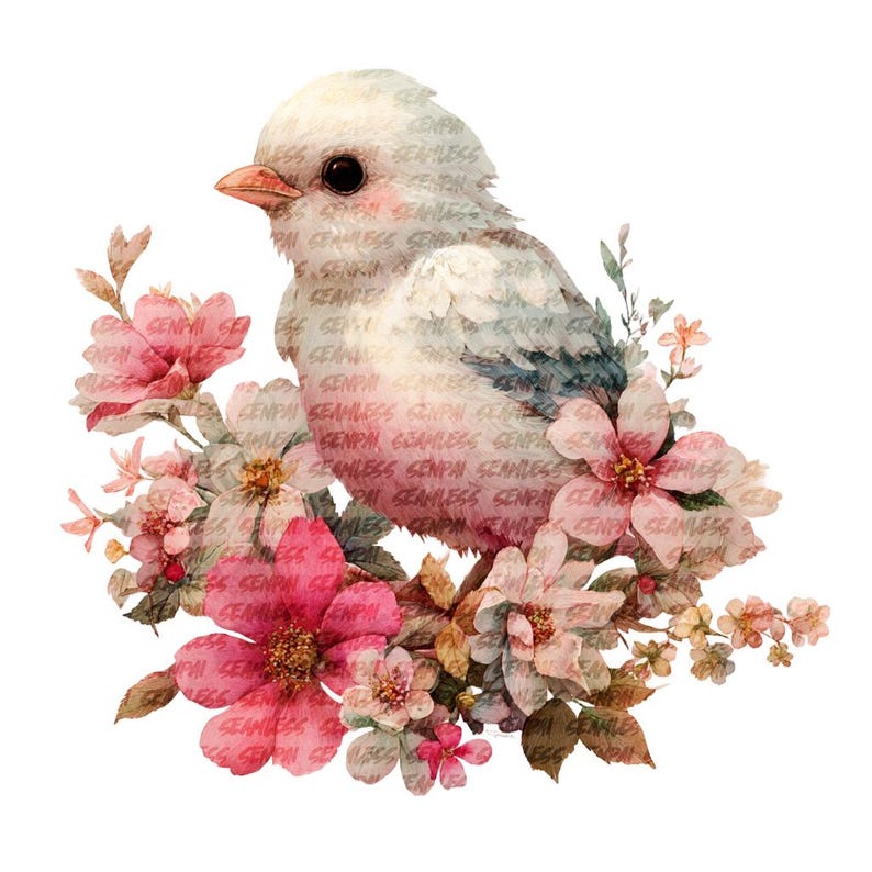 Pink Floral Birds Clipart Watercolor Whimsical Ephemera PNG (digital ...
