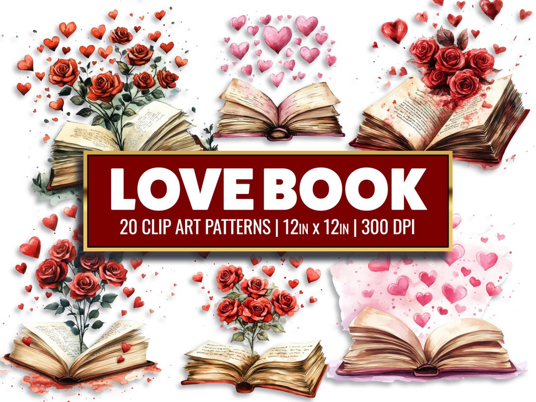 Book of Love Clipart Heart Book Romantic Digital Papercraft Watercolor ...