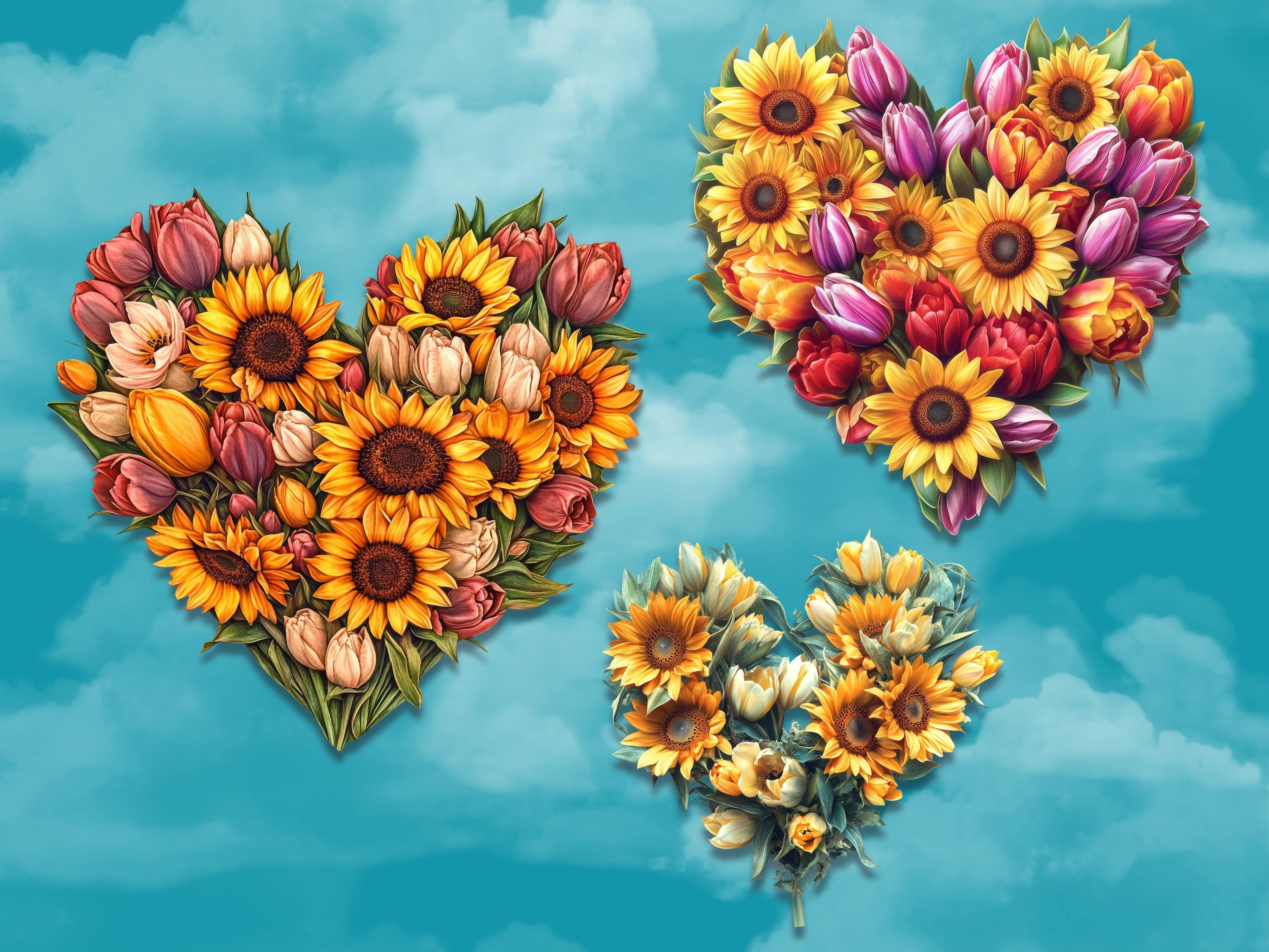 Sunflower Heart Clip Art Yellow Flower Heart Digital Paper Valentine's ...